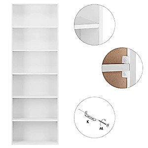 6 Tier Bookcase Freestanding Display Rack Wood-Look Bookshelf Open Shelf Storage Rack for Home Office - White, 23.6 x 9.25 x 70.8 in