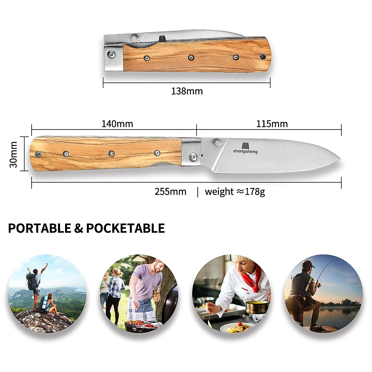 ZhengSheng 4.5" Folding Utility Knife 440A Stainless Steel Blade Natural Olive Handle Pocket Foldable Fruit knife peeling knife for Outdoor Camping Activities