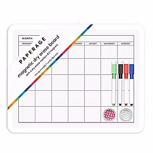 Dry Erase Board 11 by 14 in Monthly Grid Calendar- Magnetic Whiteboard with 4 Markers and 2 Magnets- White Frame- for School, Home, Office, Remote Learning- Easy to Hang on Walls or Magnetic Surfaces