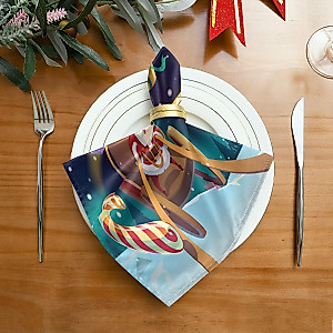 Aslsiy Christmas Santa Presents Sleigh Cloth Napkins Set of 6 Winter Forest Soft 20 x 20 Inch Dinner Table Napkins Comfortable Polyester Napkin for Kitchen Home Wedding Party Holiday Decor