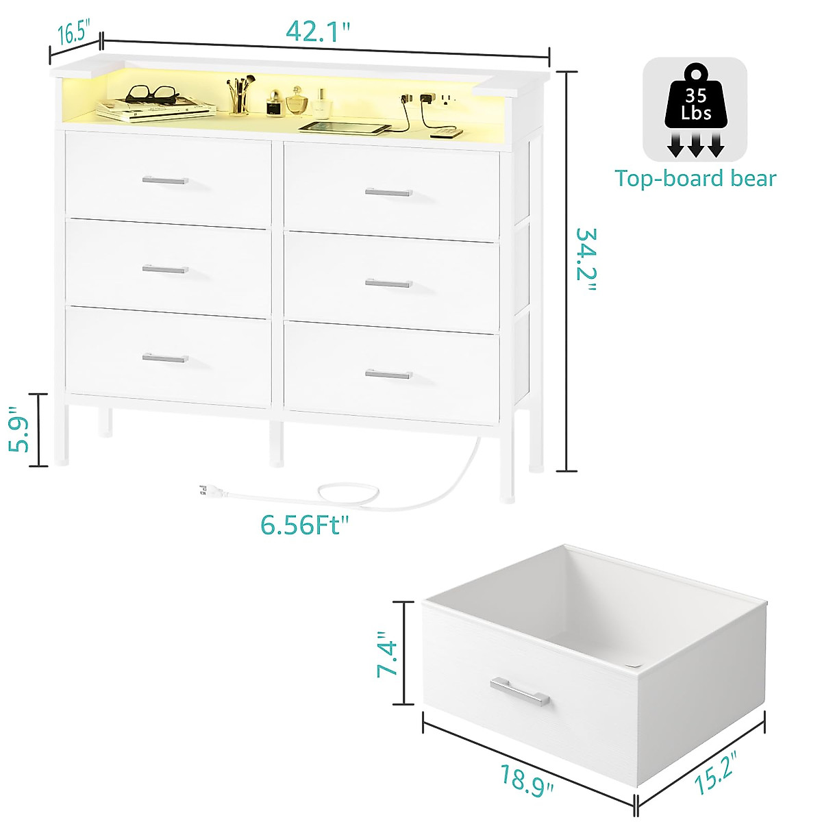 BOLUO White Dresser with LED Light and Charging Station for Bedroom 6 Drawer Dresser with USB Outlet, Dressers & Chests of Drawers Fabric Dresser for Closet Modern