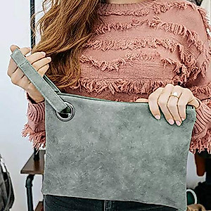 Tomsi Women Leather Clutch Wrist Wallet, Zipper Handbag Large Capacity Long Purse with Strap (gray)