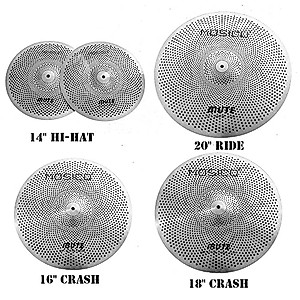 Low Volume Cymbal Pack 14'Hi-hat+16"Crash+18'Crash+20"Ride 5 Pieces Silver and Golden 10" Splash Cymbal