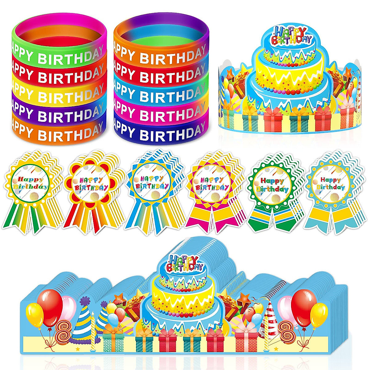 90 Pcs Happy Birthday Kits for Kids Classroom, Include Happy Birthday Crowns, Silicone Stretches, Badge Stickers, Students Kindergarten Birthday Party Hats for School Teacher Classroom Party Supplies