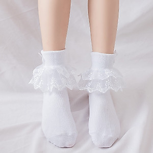 6 Pairs Toddler Baby Girls Ruffle Lace Trims Socks Princess Dress Bowknot Cotton White Ankle Soft Frily Socks Kids Child 4-6T