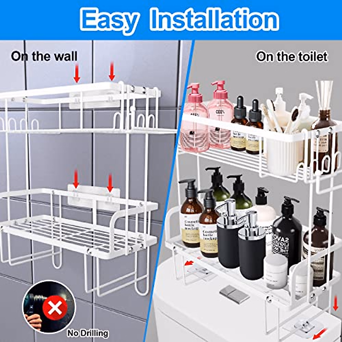 Over The Toilet Storage Shelf,2-Tier Space Saver Bathroom Storage Organizer Shelves,Multifunctional Iron Rack with Toilet Paper Holder & Hanging Hook,No Drilling Wall Mounted Restroom Holder(White)