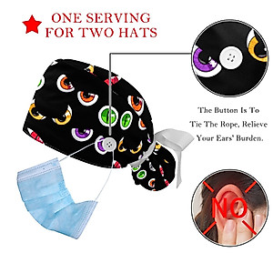 2 Pcs Nurse Scrub Caps Women Long Hair, Scary Colorful Eyes Adjustable Working Cap with Button and Sweatband