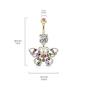 Amelia Fashion 14GA Butterfly with Multi Colored Baguette CZ Wings Dangle Belly Button/Navel Ring 316L Surgical Steel (Silver/Multi)