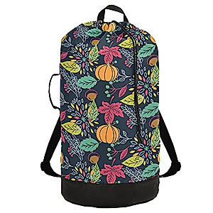 Autumn Fall Leaves Pumpkins Laundry Bag Heavy Duty Laundry Backpack with Shoulder Straps Handles Travel Laundry bag Drawstring Closure Dirty Clothes Organizer For Apartment College Dorm Laundromat