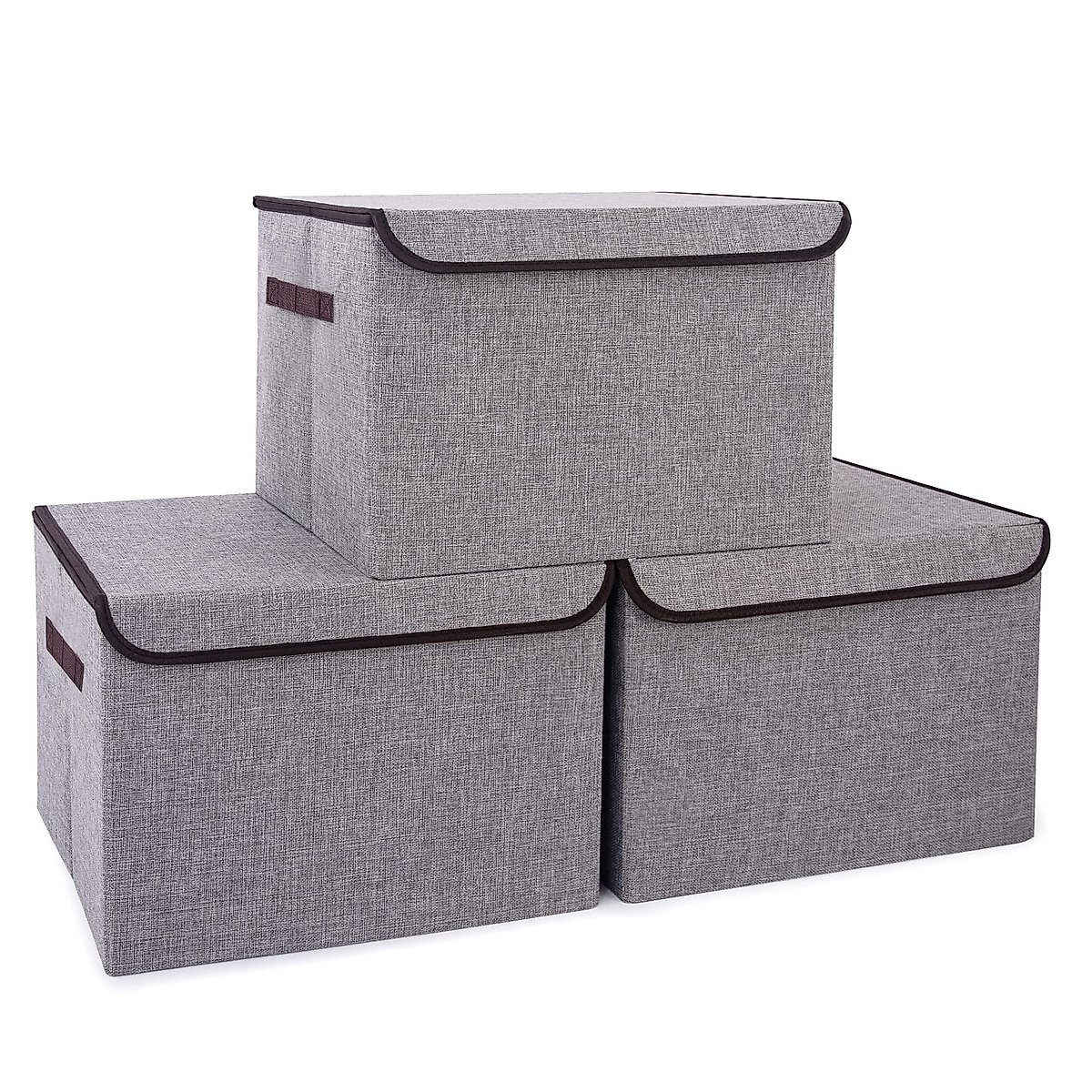 Bagnizer Large 17" 42 Quarts Collapsible Stackable Storage Bins with Lids [3-Pack] Foldable Fabric Linen Storage Boxes Cube, Closet Organizer Baskets with Label for Home (16.7 x 12 x 12, Gray)