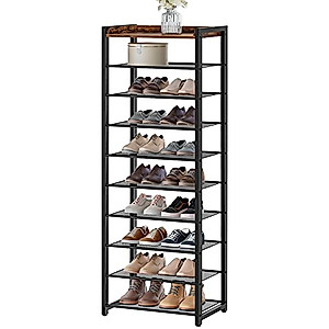 HOOBRO 10 Tier Shoe Rack, Narrow Shoe Storage Organizer with 9 Metal Shelves, Saving Space, Stable and Sturdy, Hold 18-27 Pairs of Shoes, for Entryway, Hallway, Living Room, Rustic Brown BF40XJ01