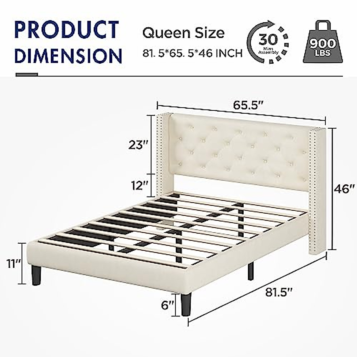 Lonkwa Queen Size Bed Frame with Upholstered Wingback, Beige Platform Bed Frame with Headboard Tufted Diamond Button, Sturdy Wooden Slats, Noise-Free, Easy Assembly