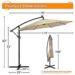 AECOJOY 10FT Patio Outdoor Umbrella with Solar Powered LED Hanging Offset Umbrella with Cross Base, 24 LED Lights for Backyard, Beige
