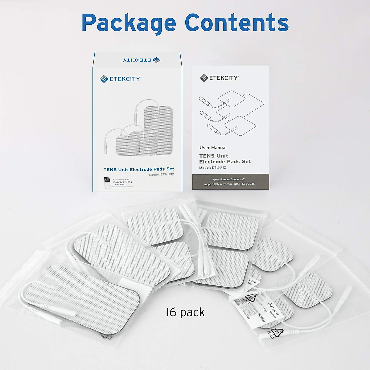 Etekcity TENS Unit Replacement Pads Electrodes for Back Pain Relief, Self-Adhesive & Gel Free for Electrotherapy White (Pack of 16)