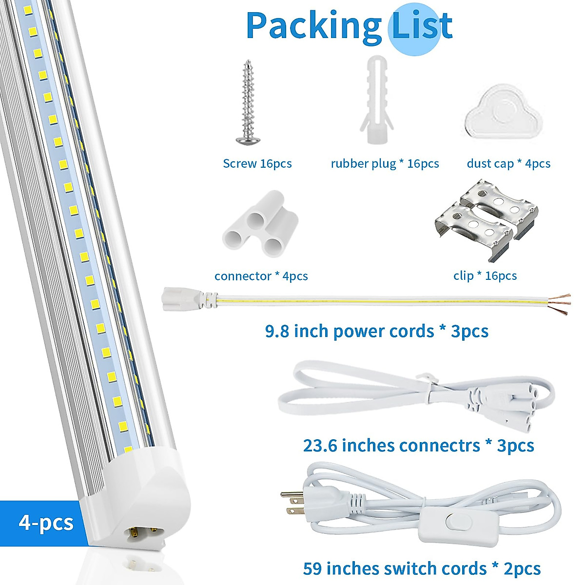 (Pack of 4) Linkable LED Utility Shop Lights for Garage, 6FT, 60W, LED Tube Ceiling Light T8 Integrated Single Fixture, 6000K, Daylight 8000lm V Shape, Basement, Offices, Clear Lens, Plug and Play