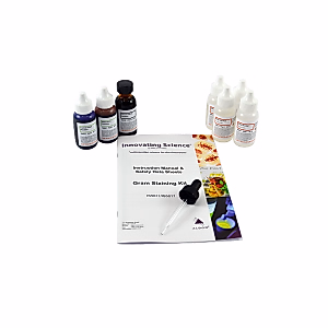 Gram Stain Kit, 7 Dropper Bottles - Crystal Violet (30mL), Safranin O 1.0% (30mL), Potassium Iodide 1.85% (30mL), 95% Denatured Ethyl Alcohol (4x25mL) - Includes Instructions - Innovating Science
