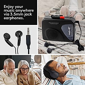ByronStatics Portable Cassette Players Recorders FM AM Radio Walkman Tape Player Built In Mic External Speakers Manual Record VAS Automatic Stop System 2AA Battery Or USB Power Supply Headphone Black