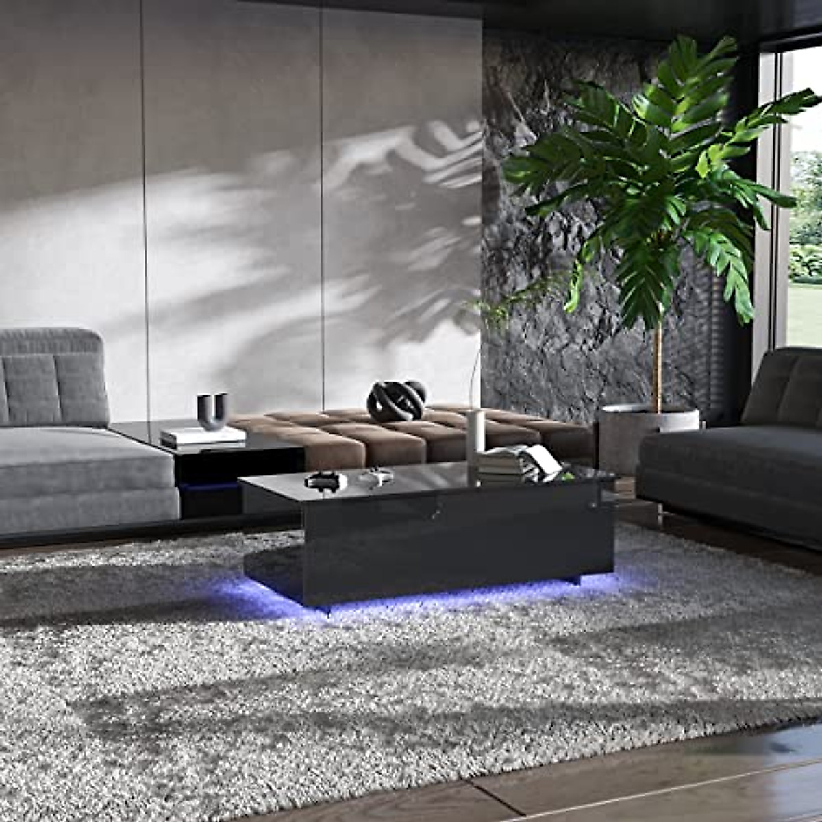 High Gloss Lift Top Table with Led Lights, Led Coffee Table with Storage Shelf and Hidden Compartment for Home Living Room Reception Room Office, Black