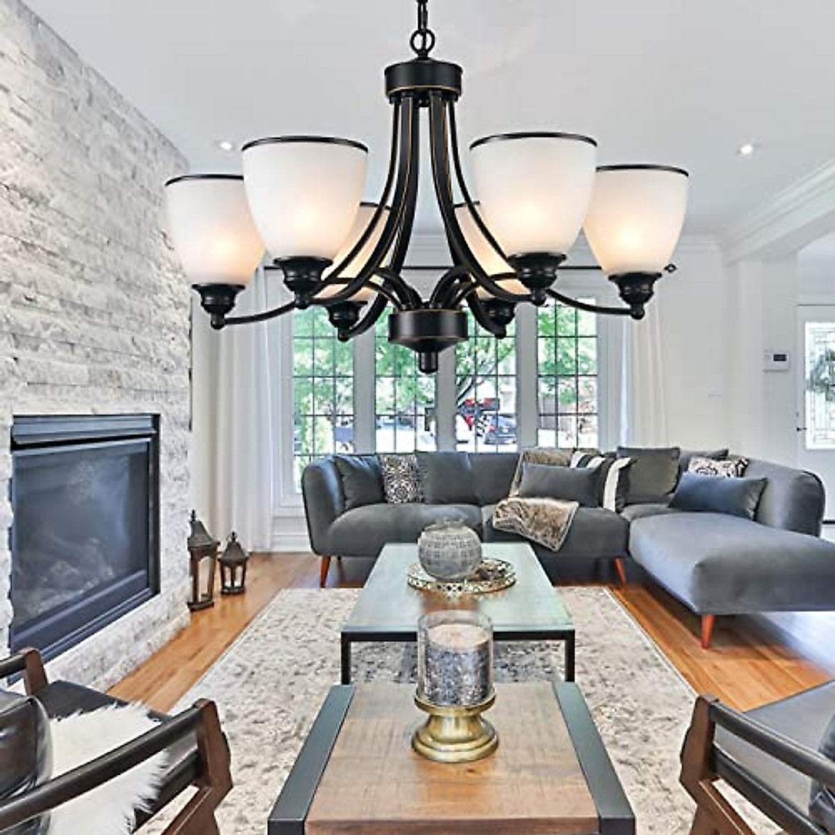 Laihezz 6-Light Large Chandelier，26" Contemporary Alabaster Glass Shades Oil Rubbed Bronze Lamps Ceiling Hanging Adjustable Light Fixtures Rustic for Dining Room Bedroom Living Room