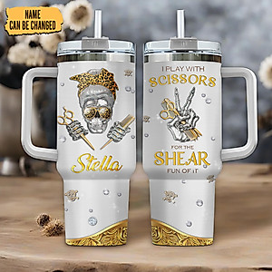 HHyturtle Personalized Hair Stylist 40 oz Tumbler With Handle and Straw Lid, Funny Skull Messy Bun Stainless Steel Coffee Cup, Salon Owner Gifts Hairdresser Mug With Name