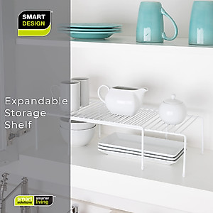 Smart Design Kitchen Storage Expandable Shelf Rack w/ Scratch Resistant Feet - Steel - Rust Resistant Finish - for Cups, Dishes, Cabinet & Pantry Organization - Kitchen (16 x 32.5) [White]