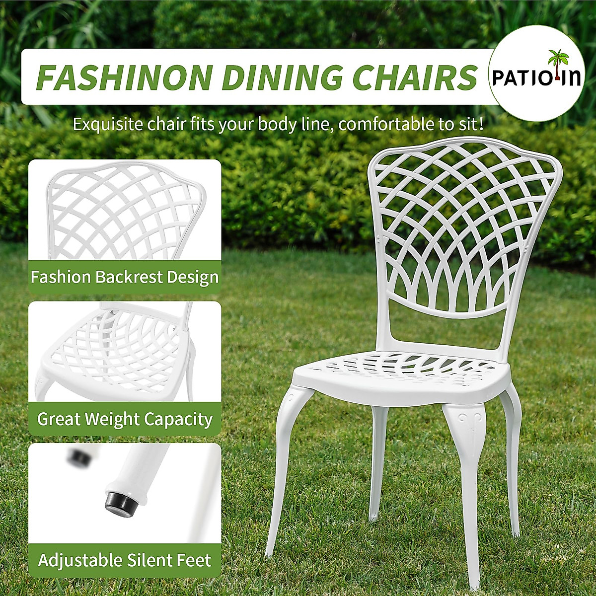 PATIO-IN 3 Piece Outdoor Bistro Set, Cast Aluminum Outdoor Bistro Table and Chairs Set of 2, Rust-Resistant Patio Furniture Set, White Bistro Set 3 Piece Outdoor for Garden, Backyard, Balcony