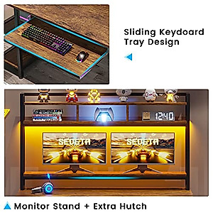 SEDETA Computer Desk, 55" Gaming Desk with LED Lights and Hutch, Computer Desk with Storage Shelves, Keyboard Tray & Monitor Stand, Home Office Desk, Gamer Desk PC Table, Rustic Brown