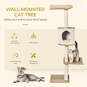 PawHut 4-Level Wall-Mounted Cat Tree Activity Tower, Wall Cat Shelves with Sisal Rope Scratching Posts, Cat Condo and Bed, Light Brown