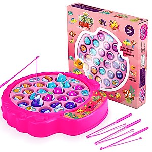 Fishing Game Play Set - 21 Fish, 4 Poles, & Rotating Board w/On-Off Music - Family Children Backyard Pink Toy Games for Kids and Toddlers Age 3 4 5 6 7 Girls and Up