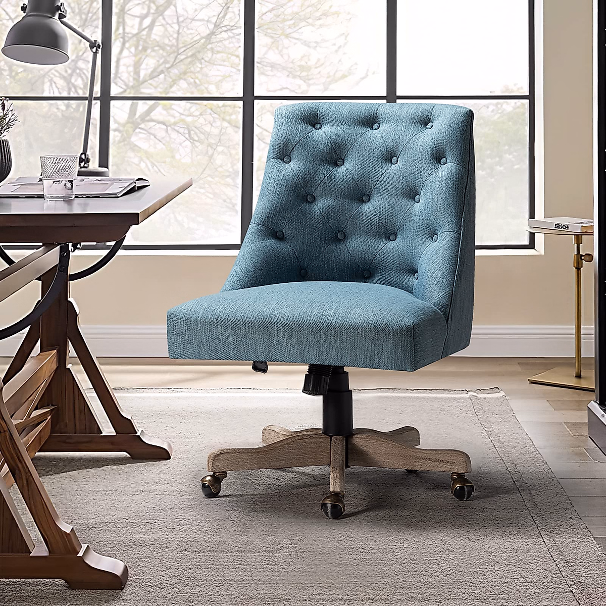 Modern Tufted Armless Home Office Chair, Comfy Upholstered Desk Chair with Vintage Wood Base, Height Adjustable Swivel Computer Task Chair for Living Room Bedroom, Blue