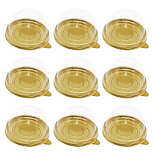 NUOBESTY Individual Cupcake Boxes, 100pcs Golden Tray Round Plastic Transparent Dome Cupcake Boxes Egg-Yolk Puff Food Container Single Mooncake Dome Boxes Baking Packing Box |2.75x2.75x1.96 inch