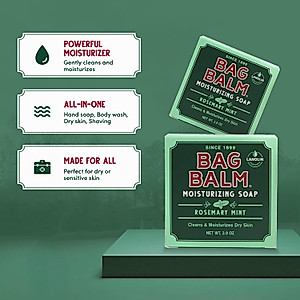 Bag Balm Moisturizing Bar Soap – Gentle Soap for Dry Skin with Lanolin – Hand & Body Cleansing Balm – Rosemary & Mint Scented Sensitive Skin Bar Soap – Natural Body Wash Bar – Made in The USA 3.9 oz