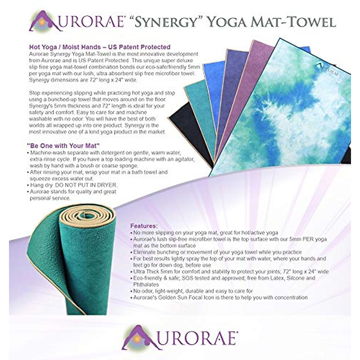 AURORAE Synergy 2in1 Hot Yoga Mat with integrated Non Slip Microfiber Towel. No Slipping No Bunching/Odor Patent Protected, Machine Washable