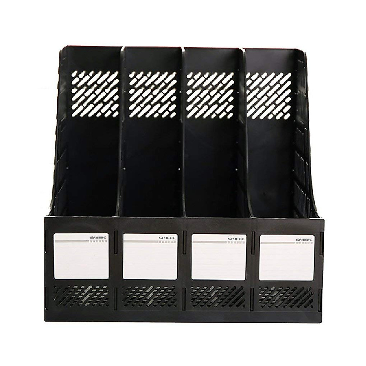 SAYEEC Desktop Magazine Holder Desk File Organizer 4 Compartments Vertical File Dividers Book Holder Frames Document Cabinet Rack Storage Organizer Box for Home Office School Black