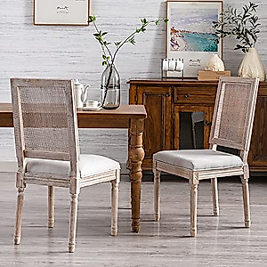 ZHENGHAO Vintage Farmhouse Dining Chairs Set of 2, French Country Dining Room Chairs with Rattan Back, Soild Wood Legs, Upholstered Chairs for Living Room/Kitchen/Restaurant, Beige