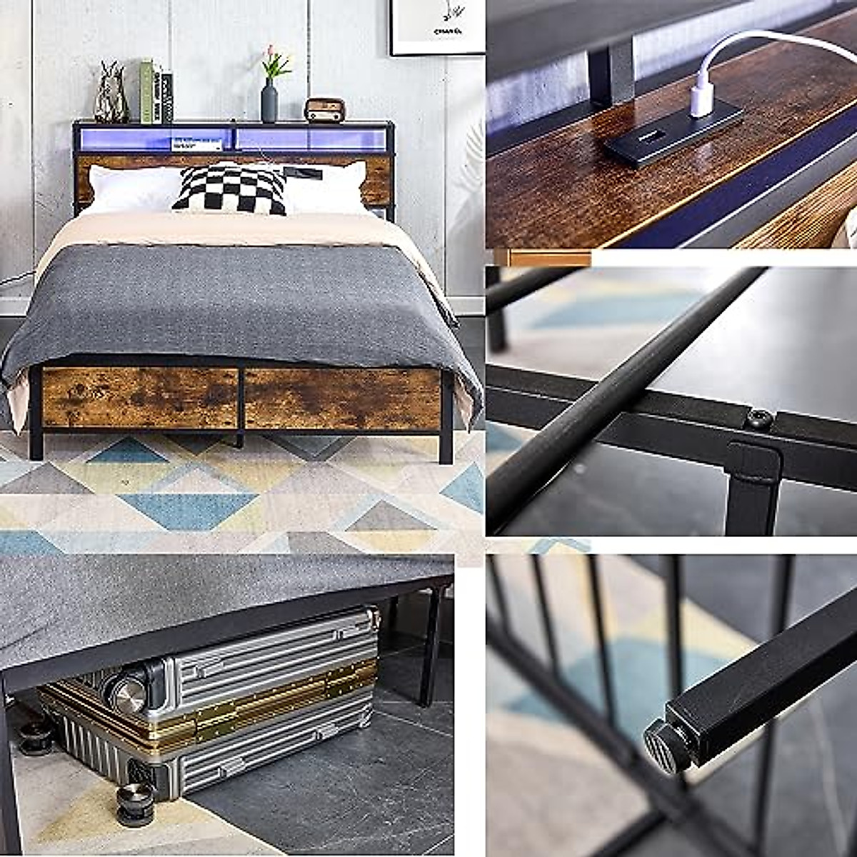 Anwickhomk Modern Industrial Full Size Bed Frame with LED Lights and 2 USB Ports,with Wood Shaving Headboard and Platform Bed Frame,Bearing Capacity Up to 900 LBS