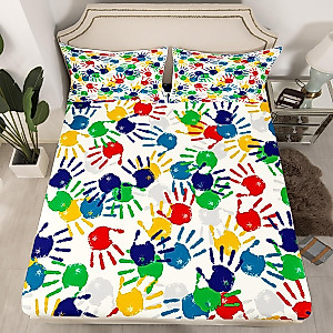 Abstract Art Bed Sheet Set Full Size Handprint Fitted Sheet for Kids Boys Girls Decor Tie Dye Bedding Set Microfiber Colorful Bed Cover Bedroom