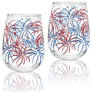 Whaline 2Pcs Patriotic Stemless Wine Glasses 17oz Red Blue Firework Drinking Glasses Firework Tumbler Cups Independence Day Party Cups for Celebration 4th of July Party Supplies Kitchen Decor Gifts