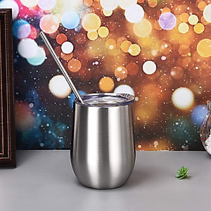 4 Pack 12Oz Stemless Wine Tumbler Wine Glasses Set of 4 Stainless Steel Cups with Lid and Straw for Women Men Family Daily Use