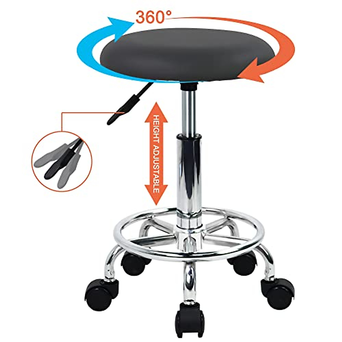 WKWKER Swivel Rolling Stool with Footrest Height Adjustable PU Leather Office Stool Chair for Bedroom Shop Counter Salon Vanity Spa Massage Beauty Desk Small (Grey)