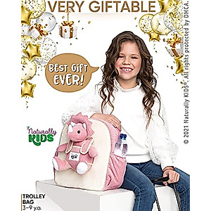 Naturally KIDS Dinosaur Backpack - Dinosaur Toys for Kids 3-5 - Kids Suitcase for Girl Boy w Stuffed Animal - Gifts for 7 Year Old - w Pockets & Reflective Logo - Rolling Backpack w Pink Triceratops