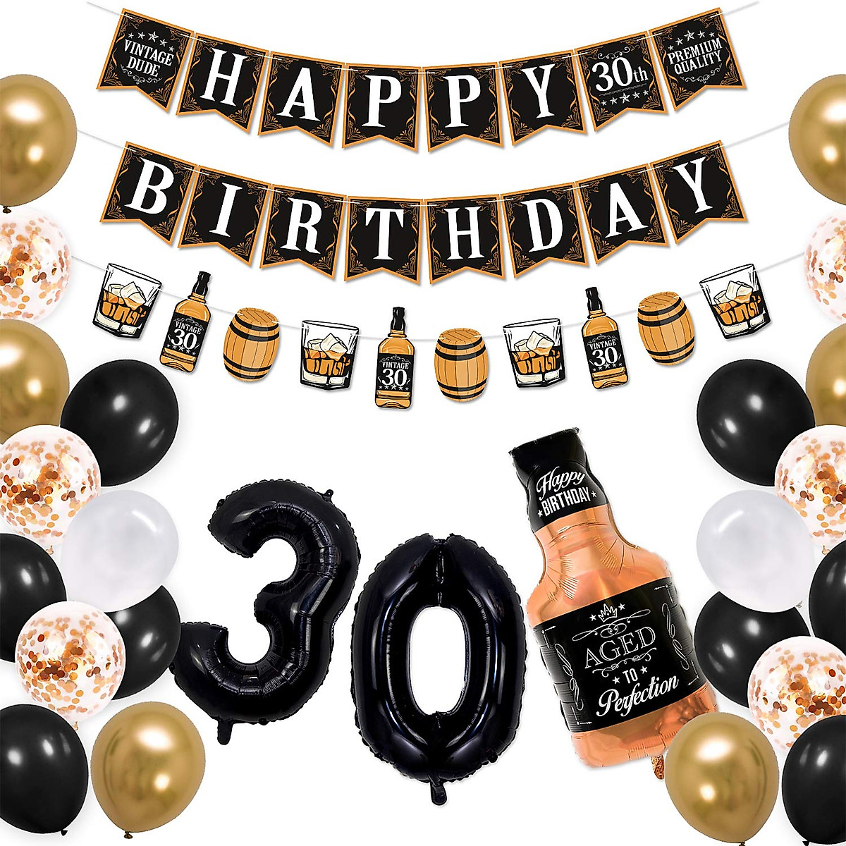 Sinasasspel Whiskey 30th Birthday Decorations Gold & Black Aged to Perfection Birthday Party Banner Whiskey Garland, 27 Balloons for 30 Years Old Party Supplies