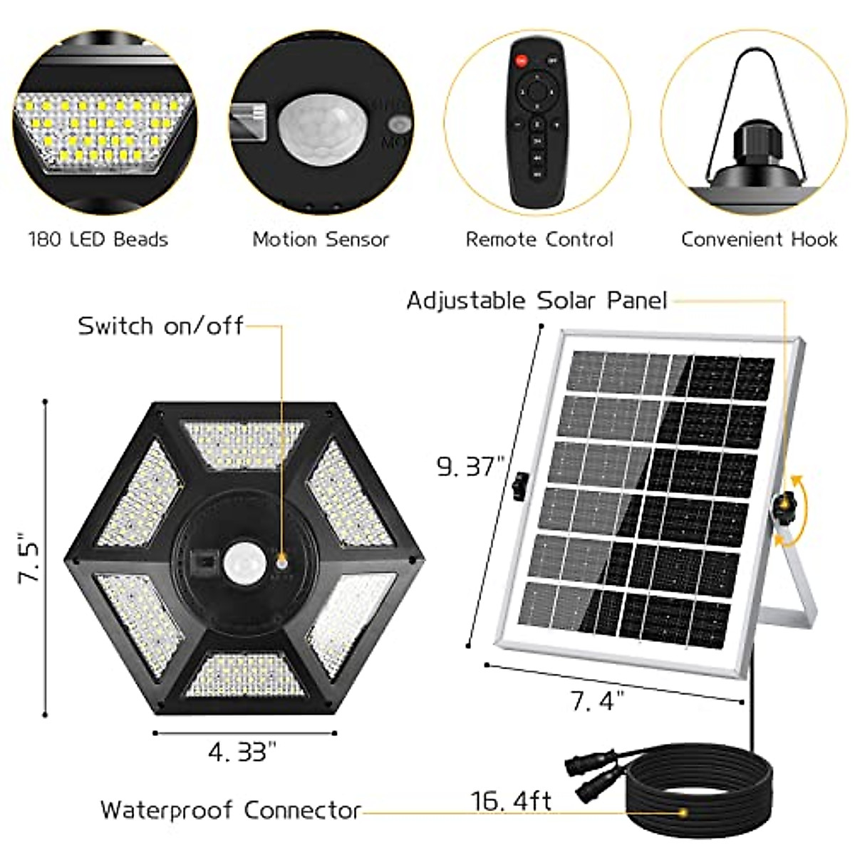 Deogos Solar Pendant Lights, Dual Head Solar Shed Lights with Motion Sensor for Outdoor,180 LED Solar Indoor Lights with Remote Control for Barn Gazebo Garage Garden Home