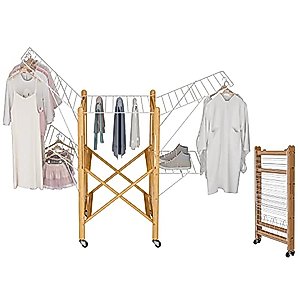 tonchean Collapsible Drying Racks for Laundry with Wheels, Heavy Duty Commercial Foldable Laundry Drying Rack Wooden Clothes Drying Rack Free Standingwith Adjustable Iron Wings