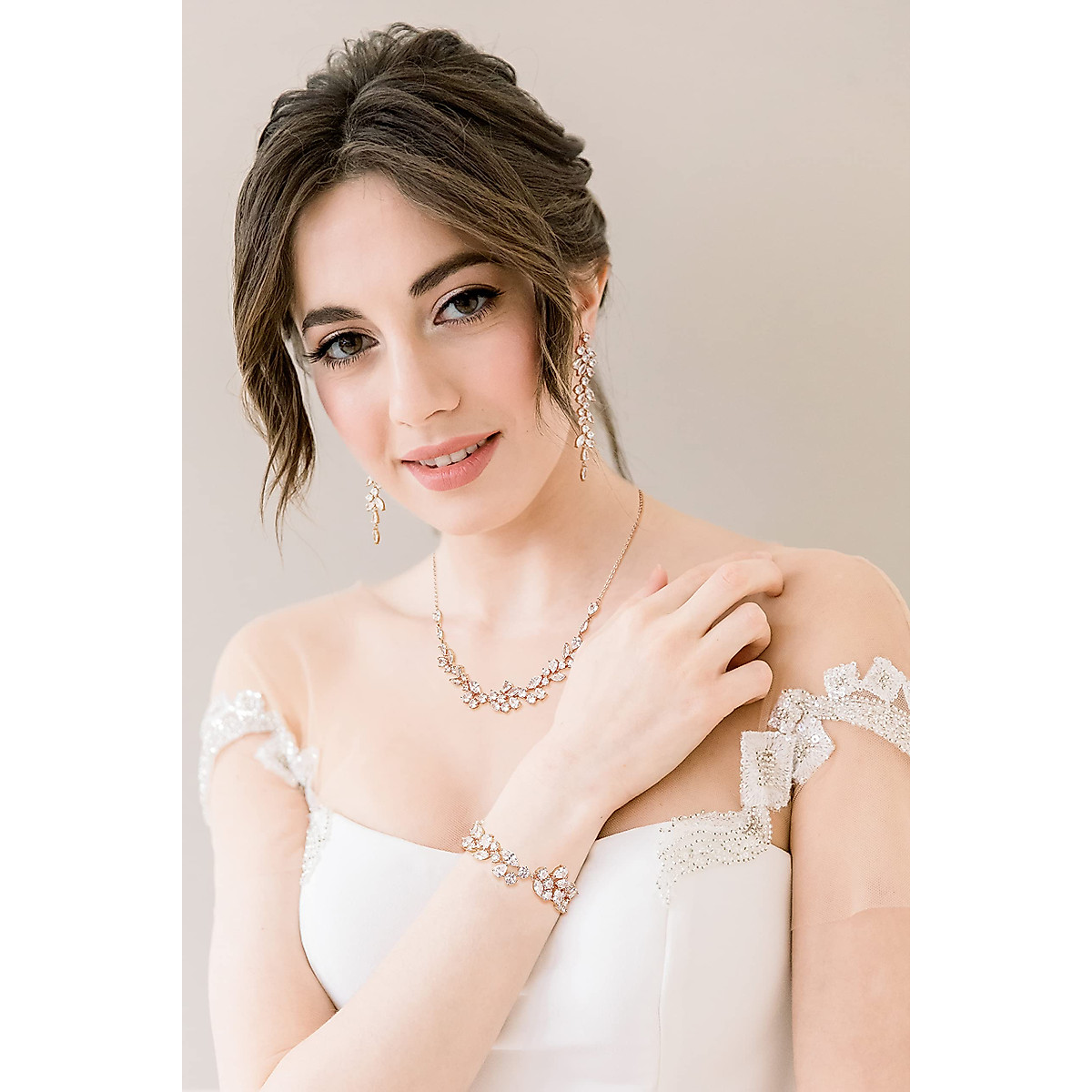 SWEETV Rose Gold Bridal Jewelry Set for Wedding, 3Pcs Long Floral Necklace Earring Bracelet Sets for Brides, Bridesmaids, Elegant Marquise and Cubic Zirconia Jewelry Set for Women Party Prom Gifts