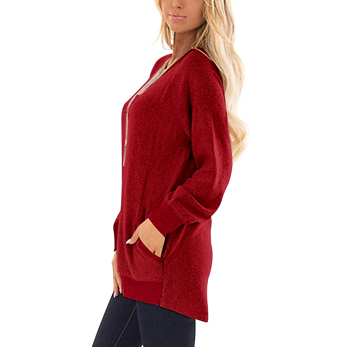 AUSELILY Womens Long Sleeve Tunic Tops Casual Loose Fit Sweatshirts Round Neck Pullover Blouse Sweatshirts with Pocket Ruby XL