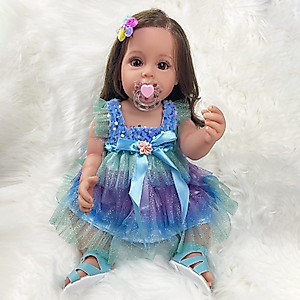 PLAYSKY Reborn Baby Dolls Girl, 22" Beautiful Lifelike Doll Full Body Vinyl Silicone with Long Hair for Kids, Realistic Newborn Baby Doll with Feeding Toy for Birthday Christmas