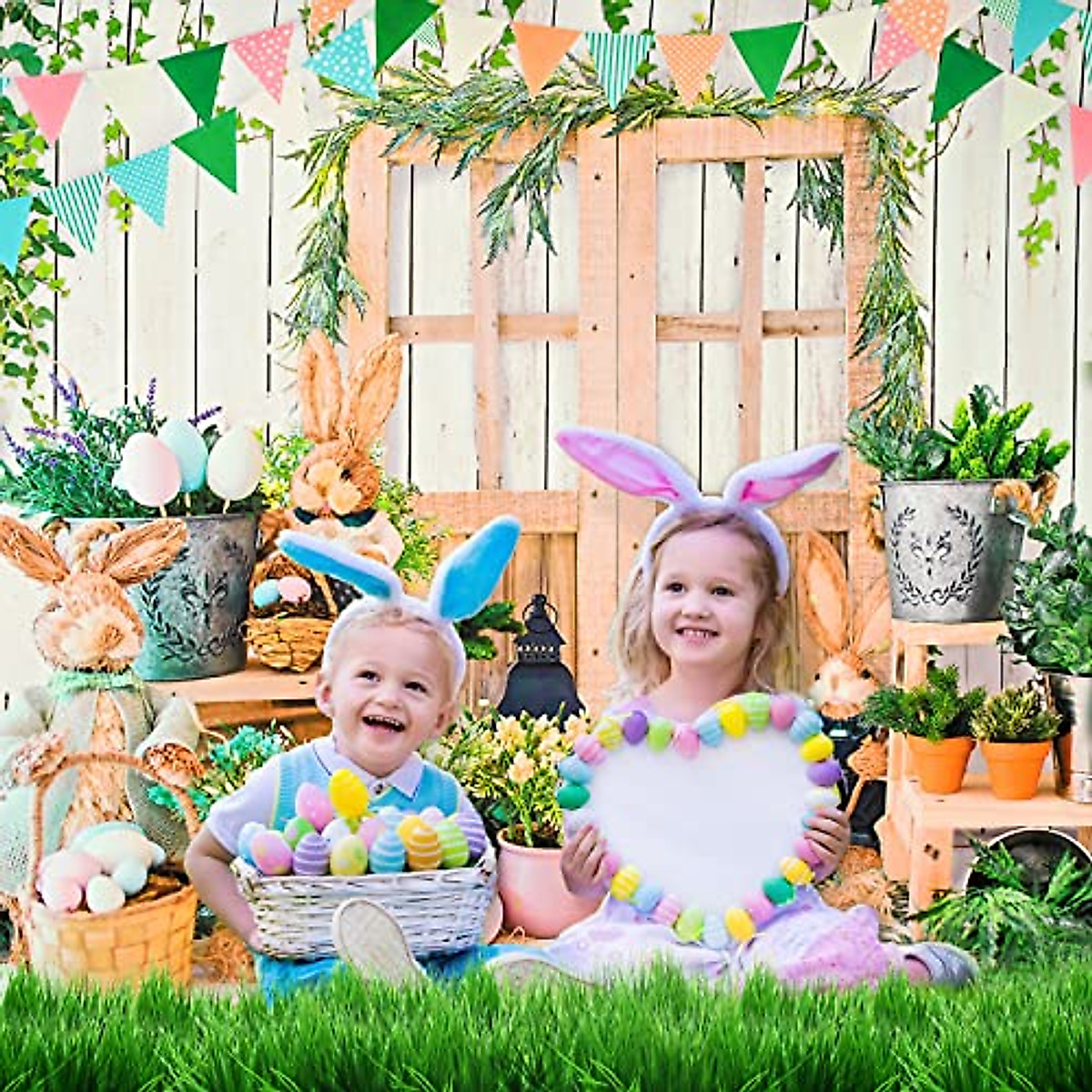 WENMER 5X7ft Spring Easter Backdrop, Garden Easter Egg Rabbit Photography Background Rustic Wooden Door Easter Bunny Flower Photo Backdrop for Easter Kids Children Newborn Baby Pet Portrait Photo