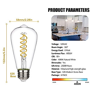 RuiAoTD ST58 (ST19) Vintage Edison LED Bulb, Daylight White 4000K, Antique Flexible Spiral LED Filament Light Bulb, 600LM Dimmable, 6W Equivalent to 60W, CRI 80+, E26 Base, Clear Glass, 6 Pack