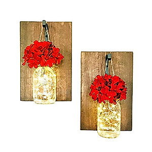 Mason Jar Sconces Wall Decor with Warm White LED Fairy Lights, with Red Silk Hydrangea Flower, Romantic Vintage style Mason Jar Light for Home Bedroom Bathroom Decoration, Battery Powered